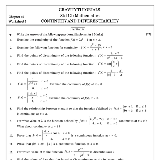 CONTINUITYANDDIFFERENTIAB - Mathematics - Notes - Teachmint