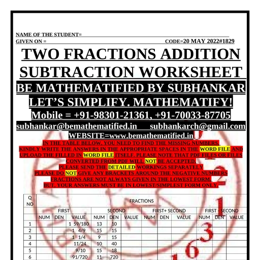 Two fractions addition subtraction - Mathematics - Assignment - Teachmint