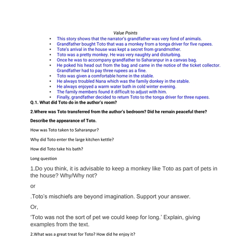 The Adventure Of Toto - English - Notes - Teachmint