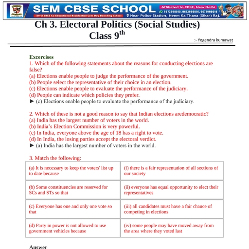 Ch- 3. Electoral politics Exercise with Extra questions answers by Mr ...