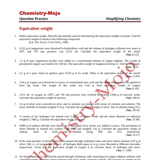 Equivalent weights Q - Chemistry - Free PDF Download 2026