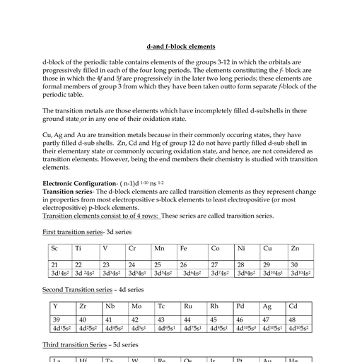d&f block elements - Chemistry - Notes - Teachmint